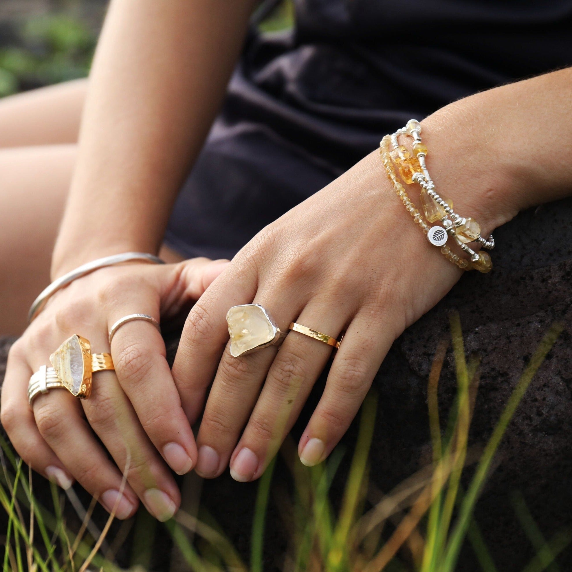 Citrine + Golden Rutile Quartz Three Strand Bracelet with Thai Hill Tr ...