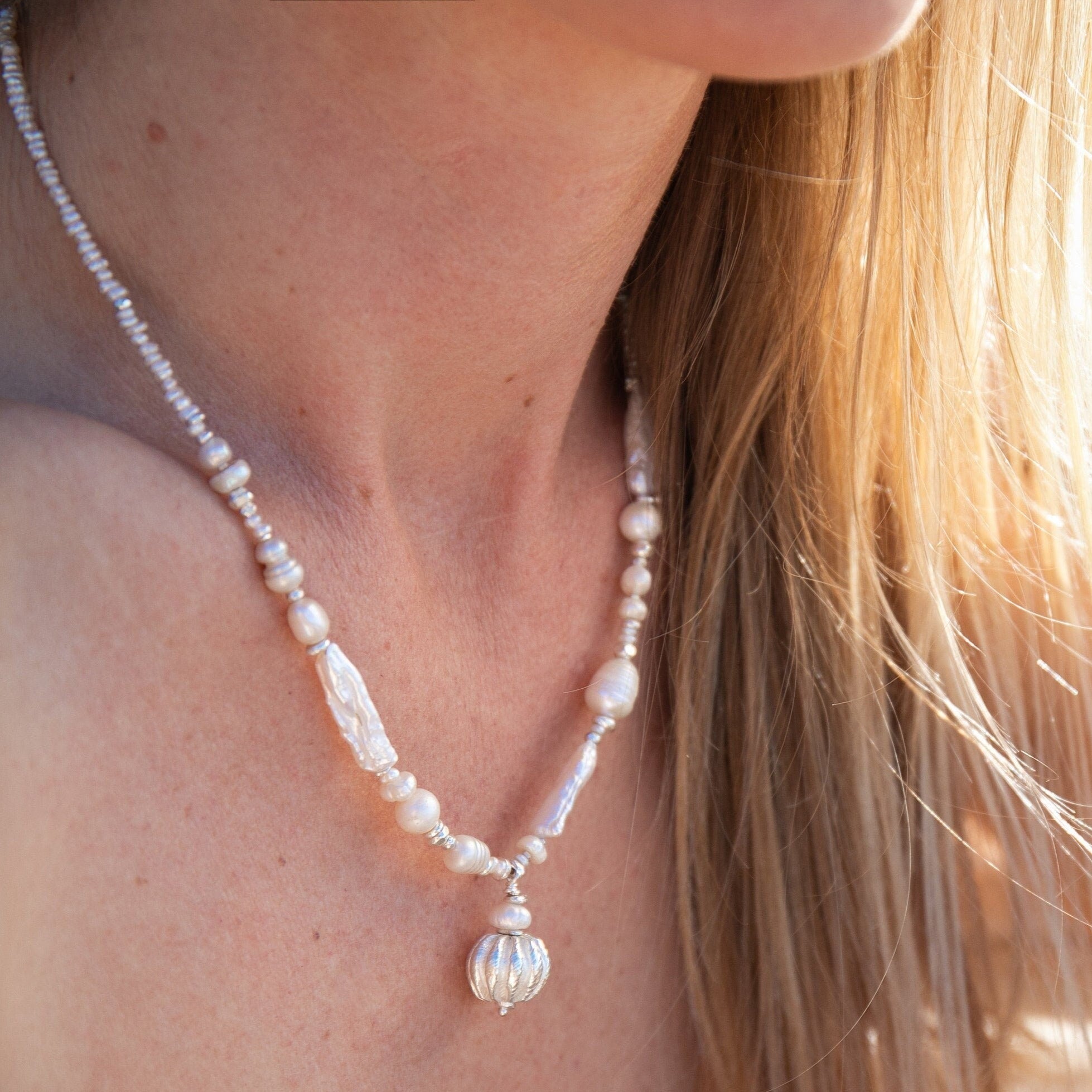 Mixed Freshwater + Biwa Pearl and Thai Hill Tribe Silver Necklace ...